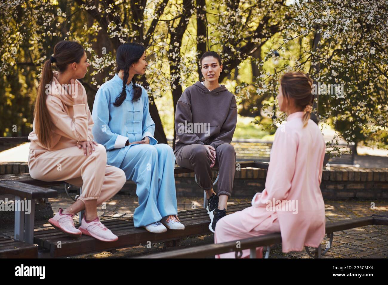 Serious woman telling a story to attentive friends outdoors Stock Photo ...