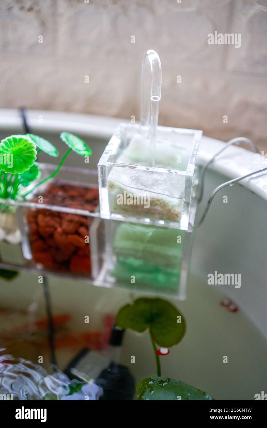 Close-up of water filtration circulation purification system of ...