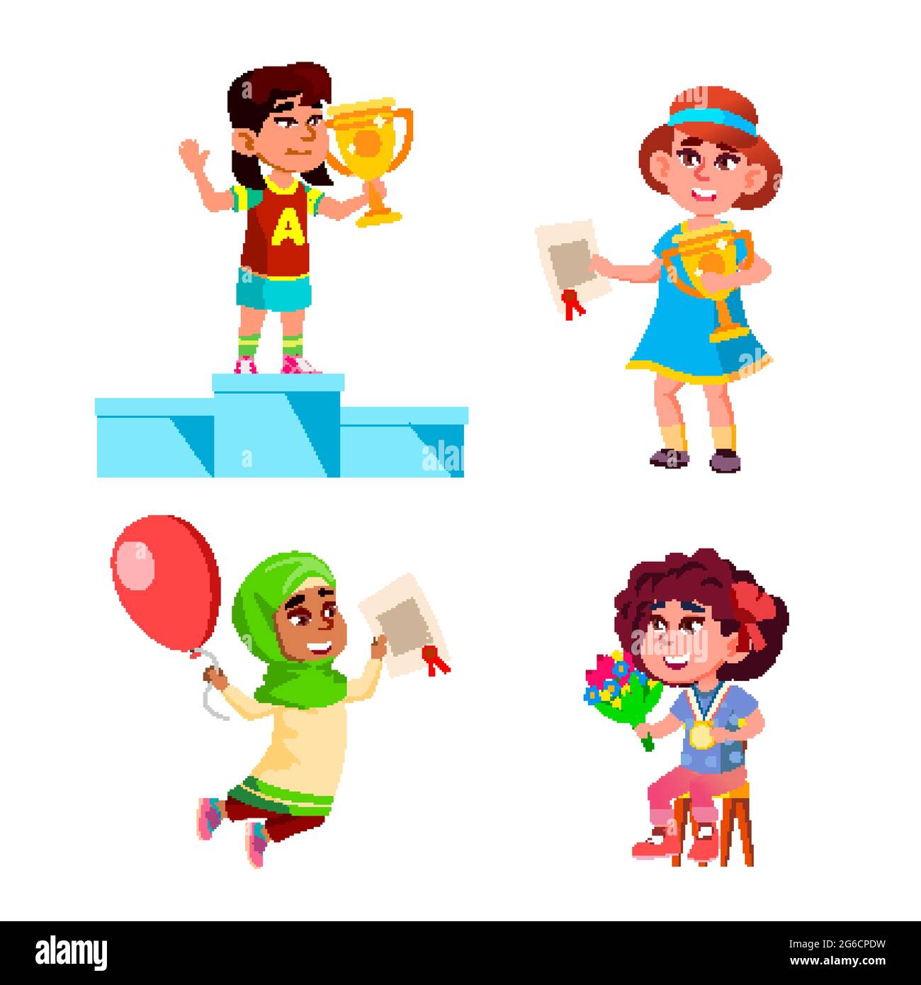 Girls Kids Winners Celebrate Victory Set Vector Stock Vector Image ...