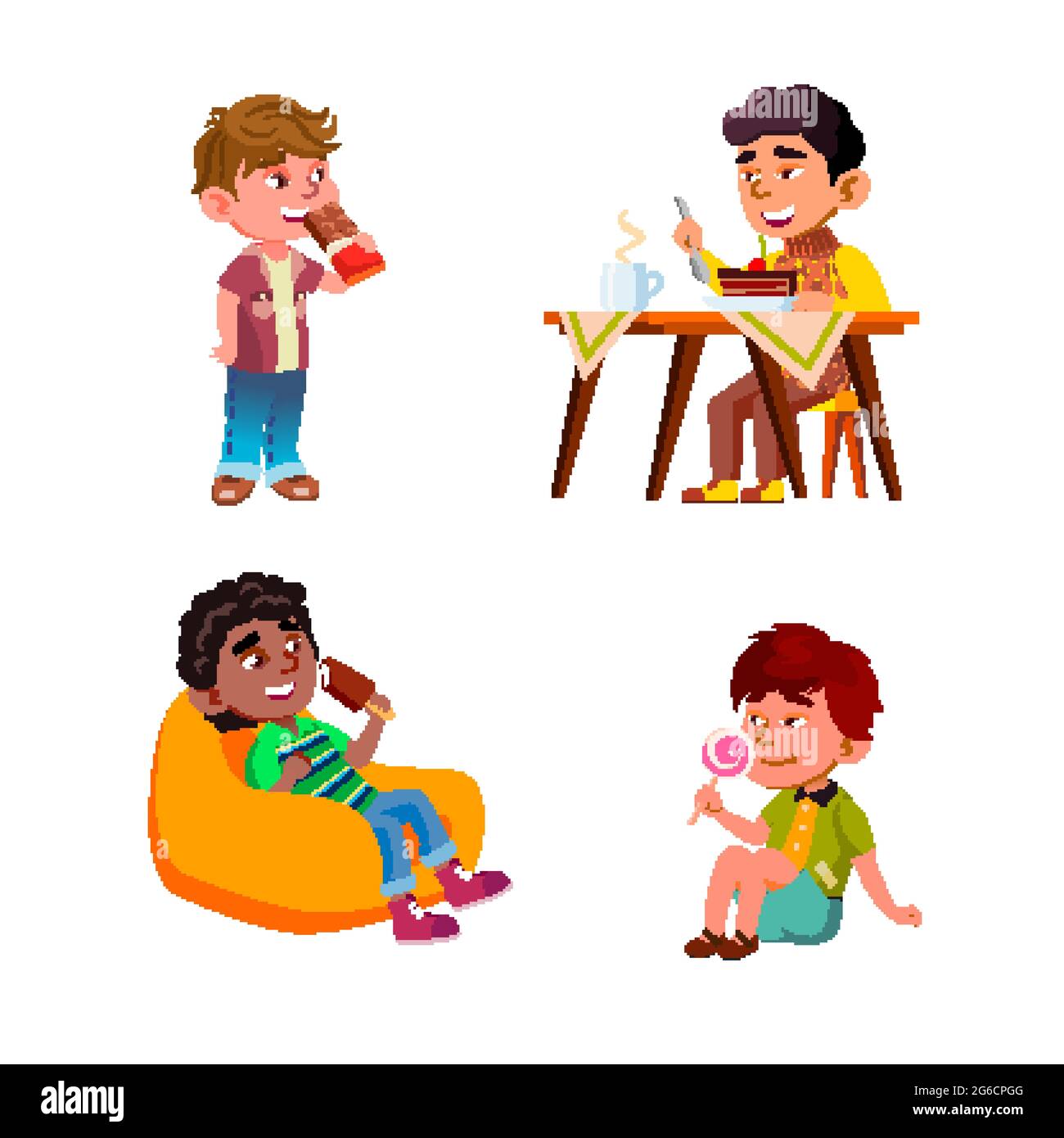 Boys Children Eating Delicious Sweets Set Vector Stock Vector Image ...