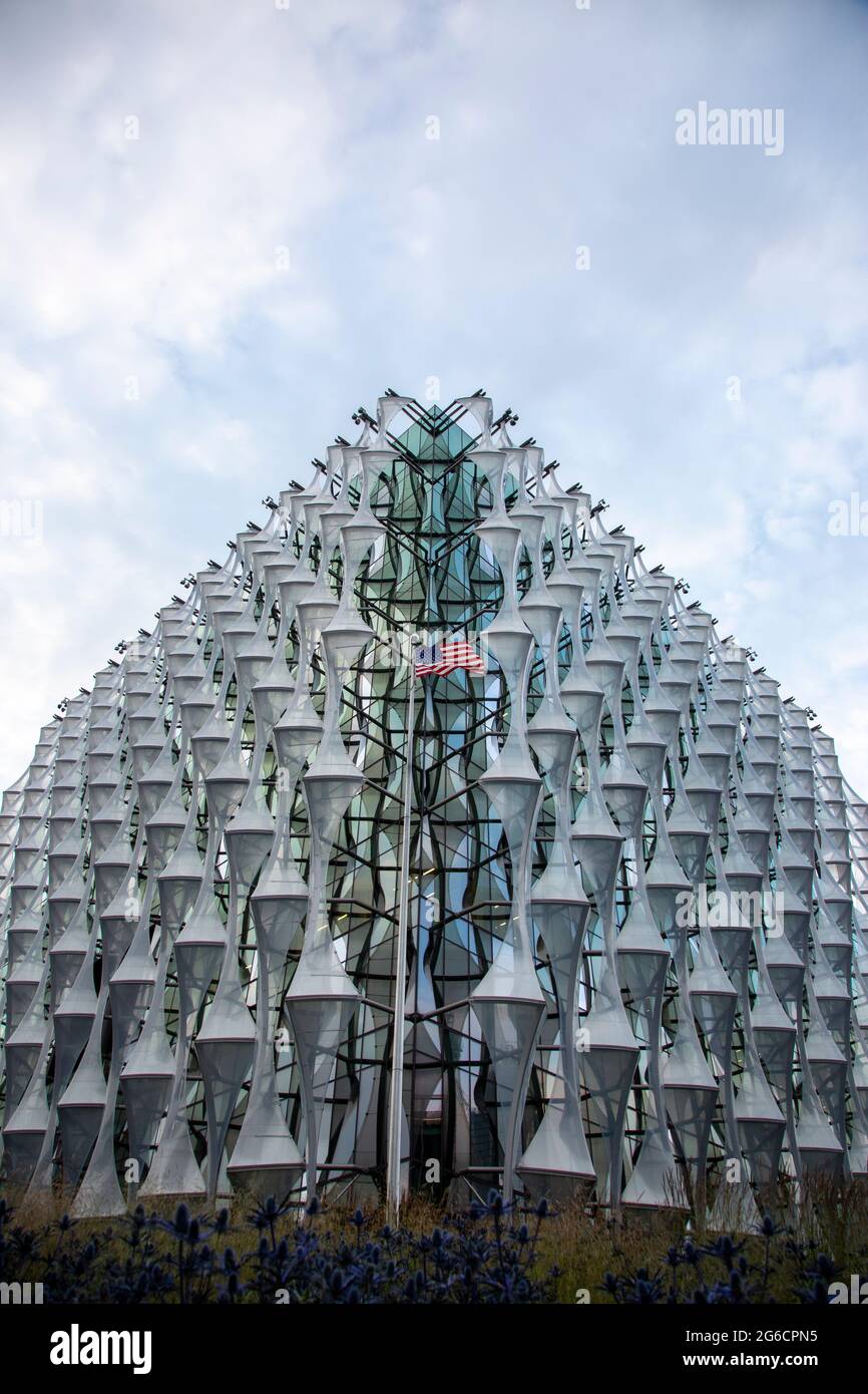 American flag in front of the new American Embassy designed by ...