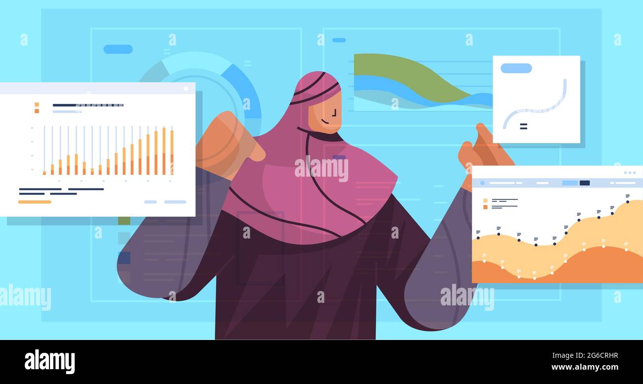 arab businesswoman analyzing financial statistics charts and graphs ...