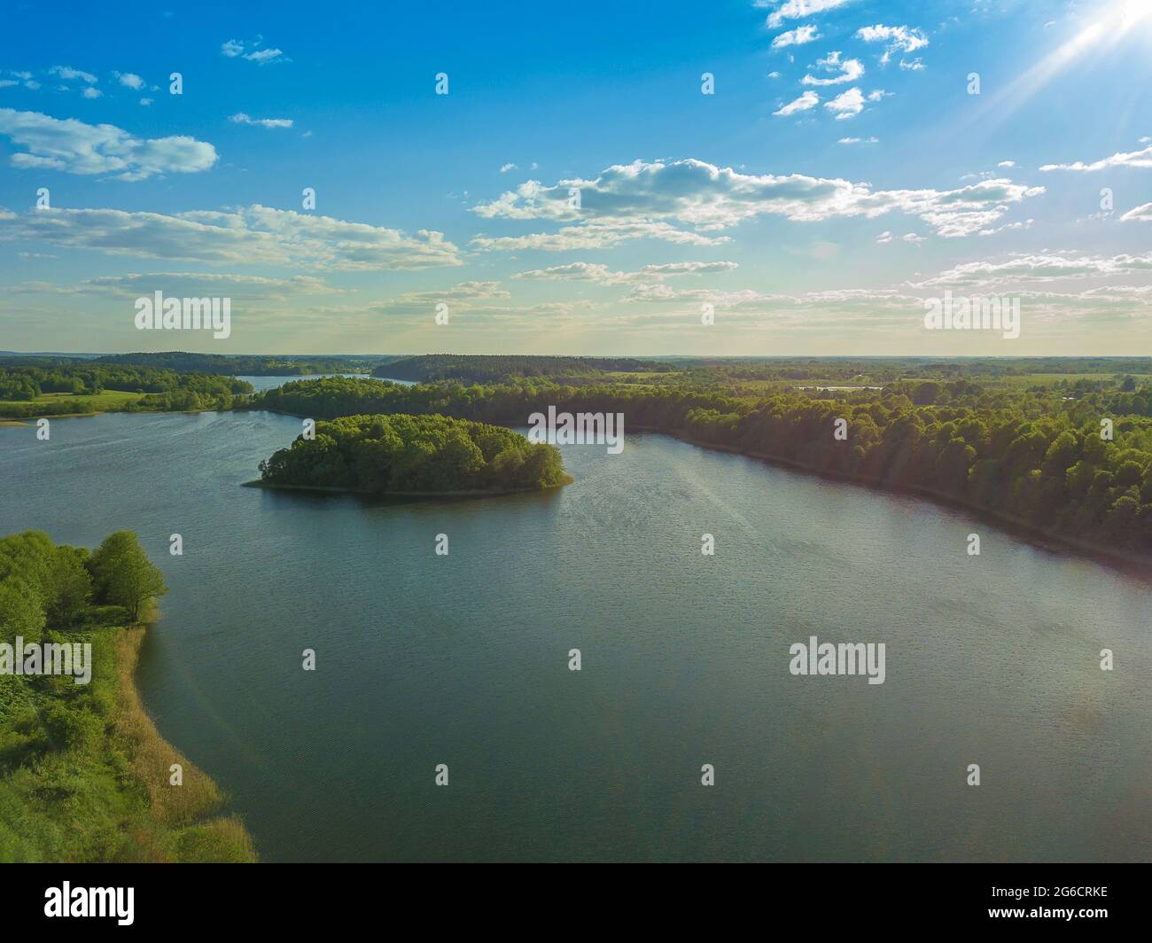 Beautiful aerial landscape on the lake with a drone. Many lake islands ...
