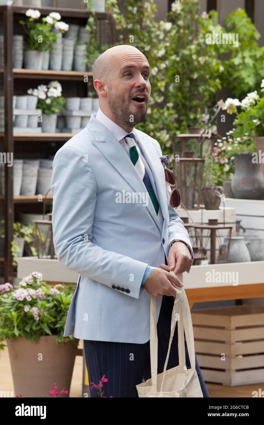 Hampton Court, England, 2 July 2021: Tom Allen, comedian and TV presenter, looks round the RHS ...