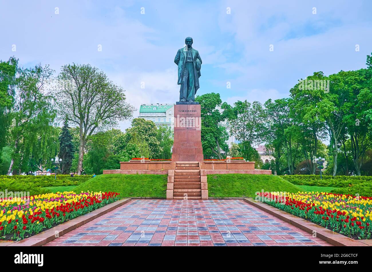 Historic Taras Shevchenko Park, decorated with tulip flower beds, lawn ...