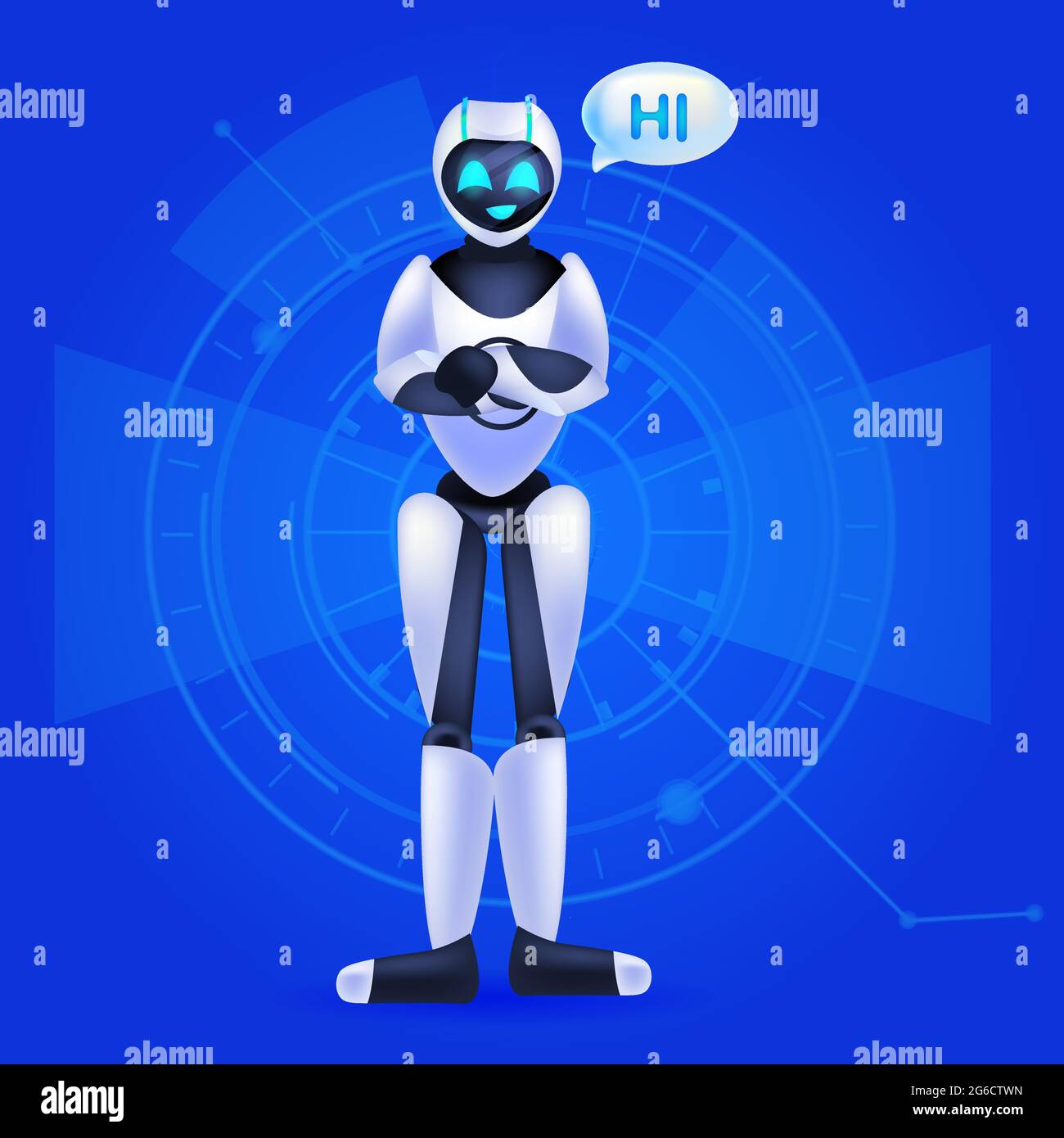 robot cyborg with hi speech chat bubble communication chatbot customer ...