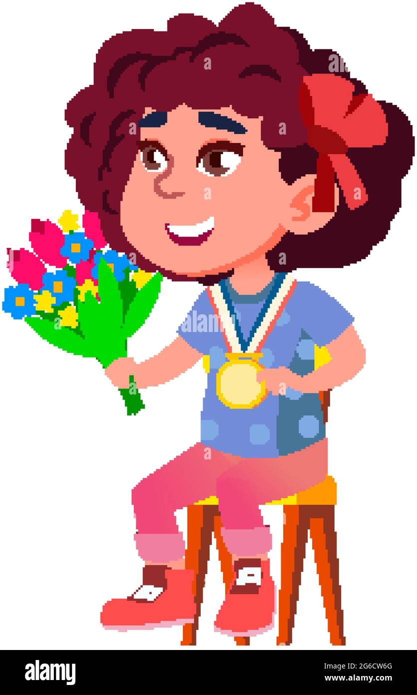 Girl Kid Winner With Medal And Flowers Vector Stock Vector Image & Art ...