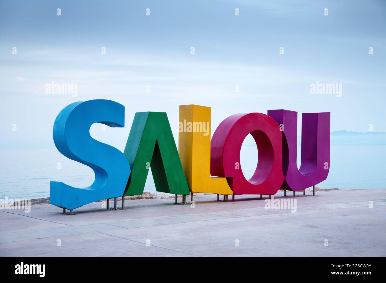large salou sign on the beach front looking out to sea Stock Photo - Alamy