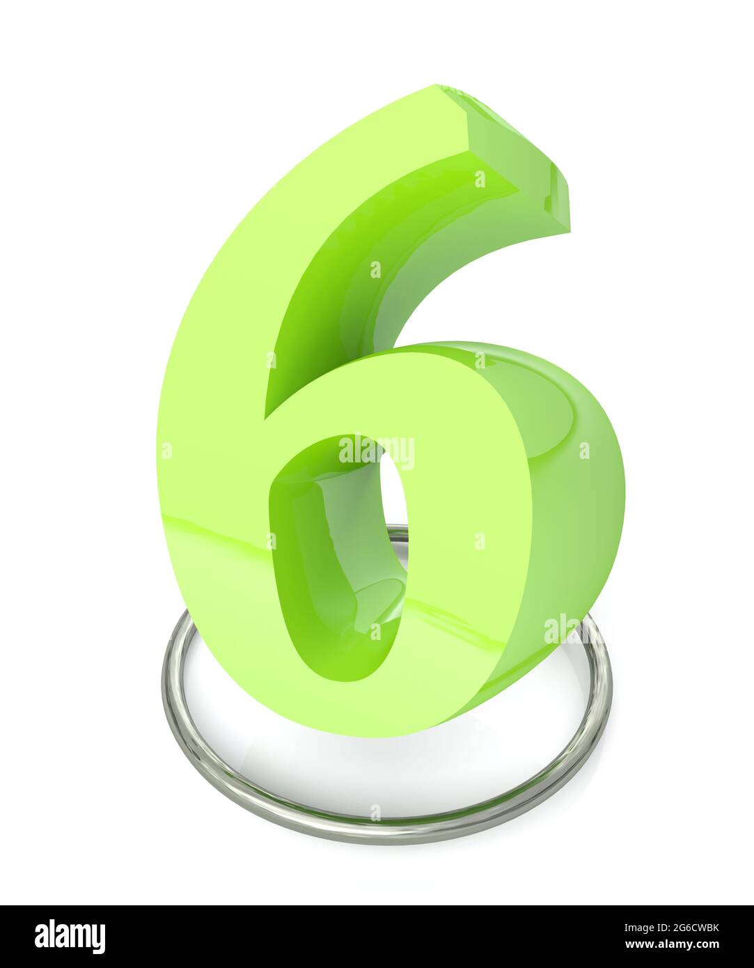 Number 6 green over metallic circle on white background - 3D rendering ...