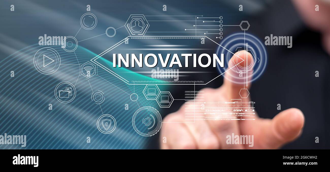 Man touching an innovation concept on a touch screen with his finger ...
