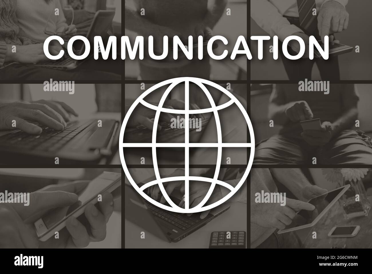Global communication concept illustrated by pictures on background ...