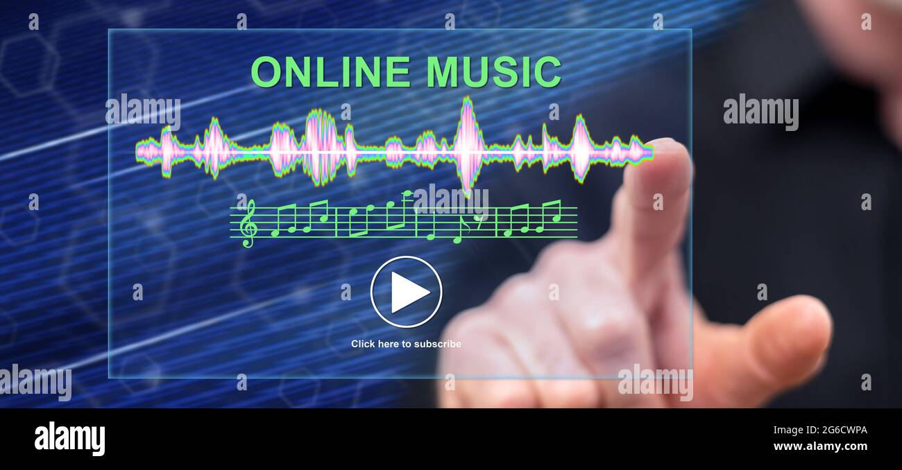 Man touching an online music concept on a touch screen with his finger ...