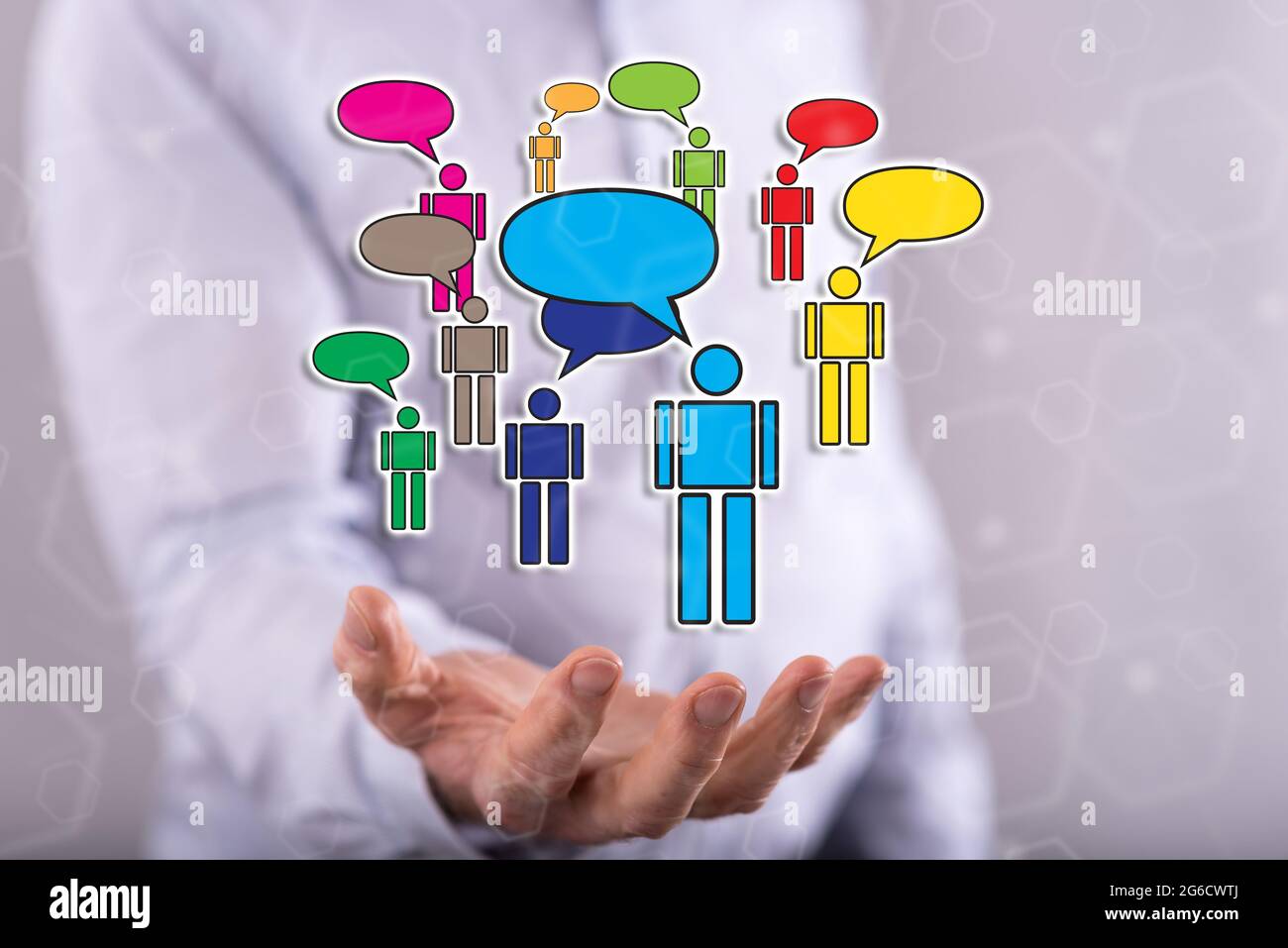 Communication concept above the hand of a man in background Stock Photo ...