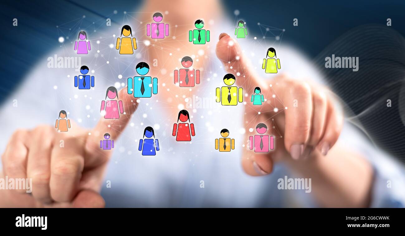 Woman touching a social network concept on a touch screen with her ...