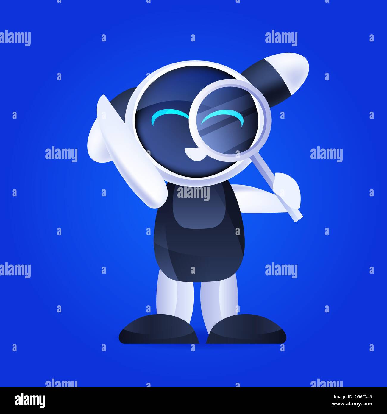 cute robot holding magnifying glass data search artificial intelligence ...
