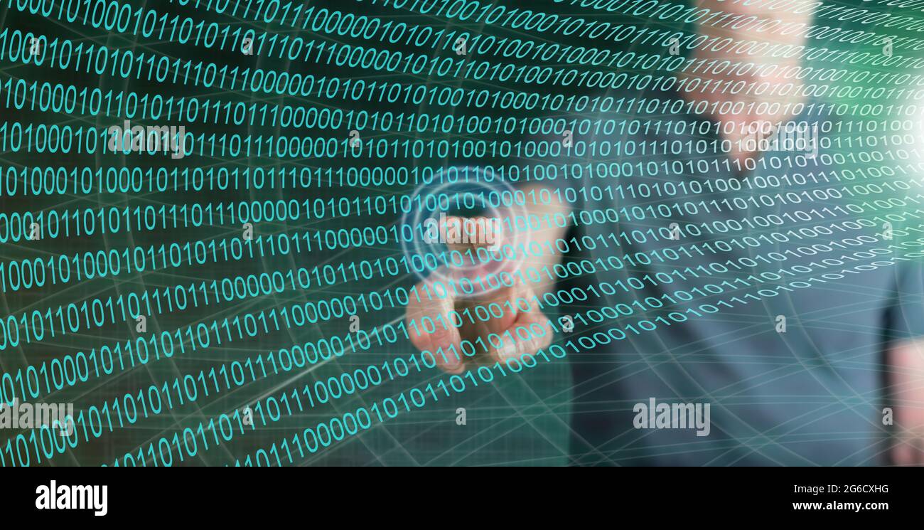 Man touching a digital technology concept on a touch screen with his ...