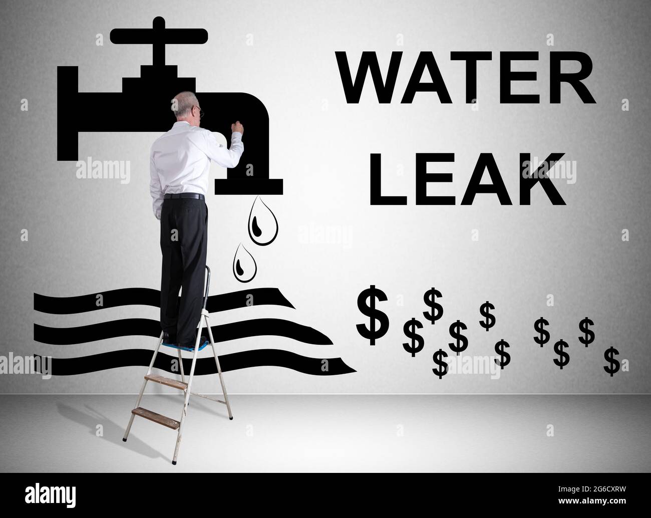 Man on a ladder drawing water leak concept on a wall Stock Photo - Alamy