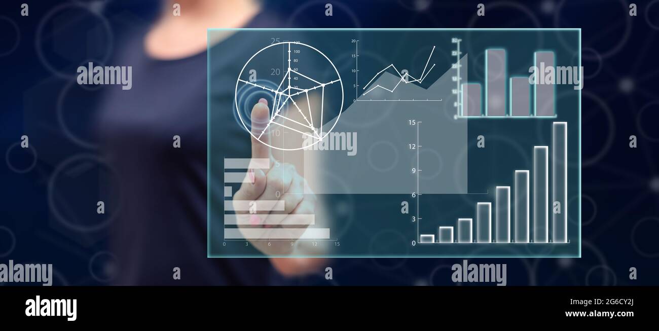 Woman touching a data analysis concept on a touch screen with her ...