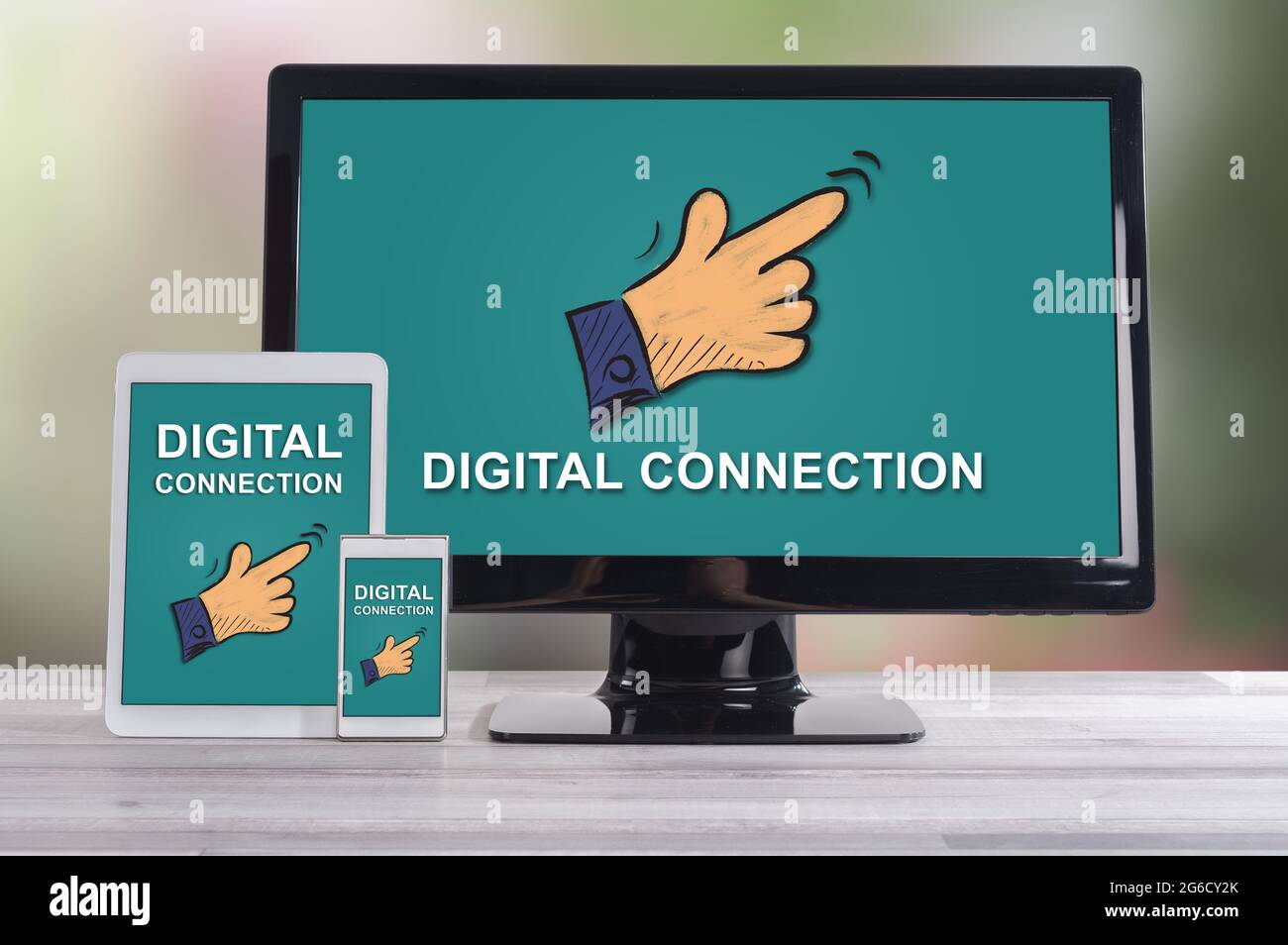 Digital connection concept shown on different information technology ...