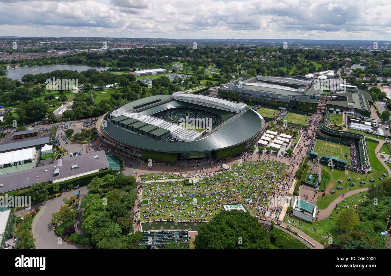 Aerial view across the grounds as spectators watch the big screen on ...