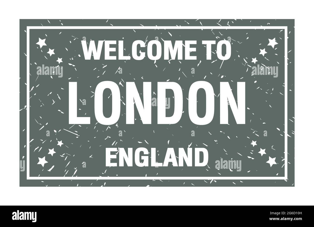WELCOME TO LONDON - ENGLAND, words written on gray rectangle flag stamp ...