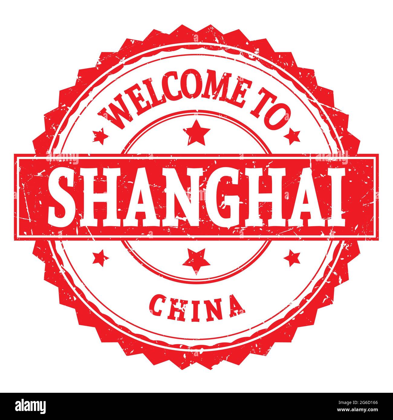 WELCOME TO SHANGHAI - CHINA, words written on red round zig zag stamp ...