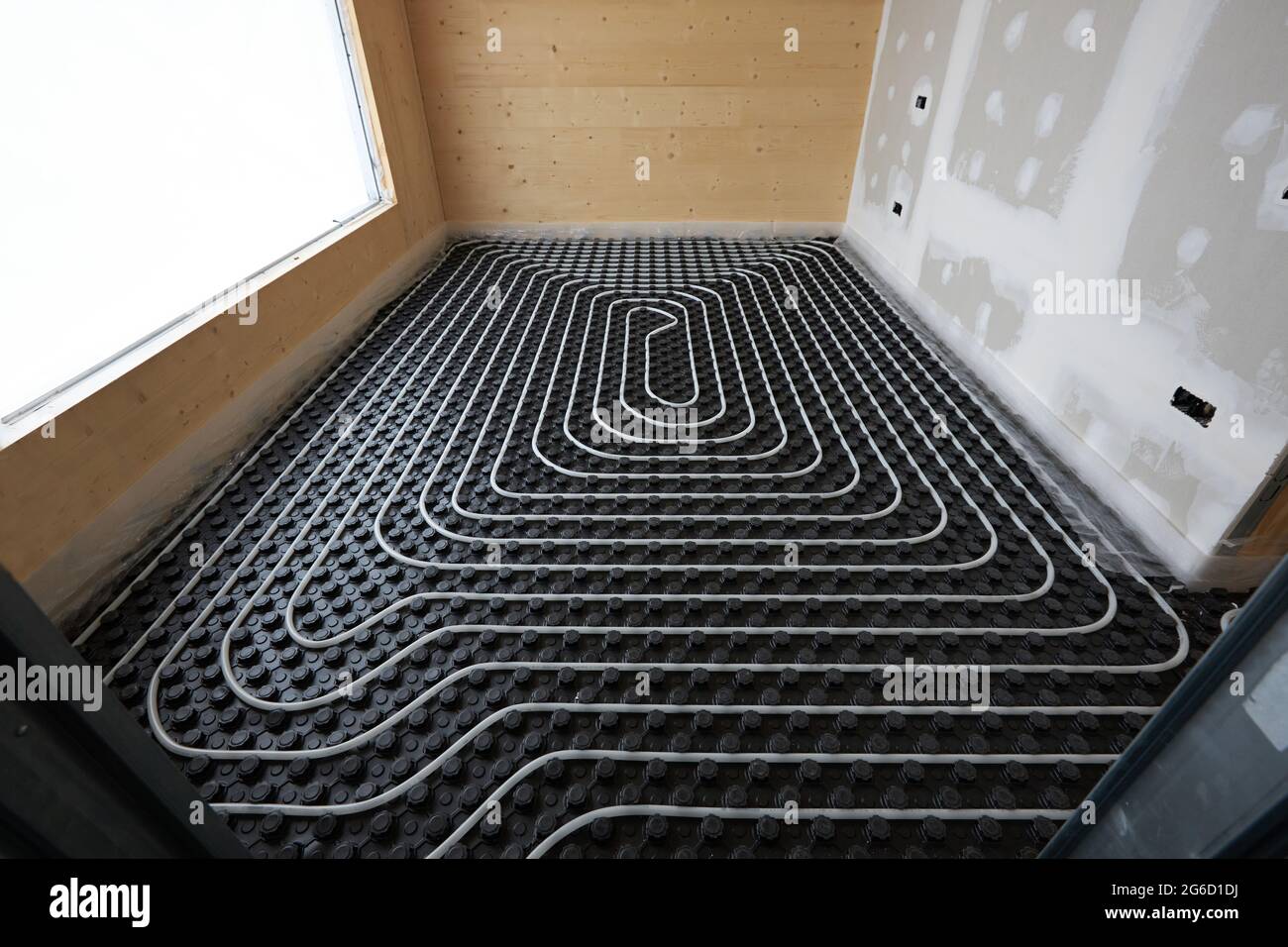 High angle of radiant heating systems with pipes installed on floor in ...
