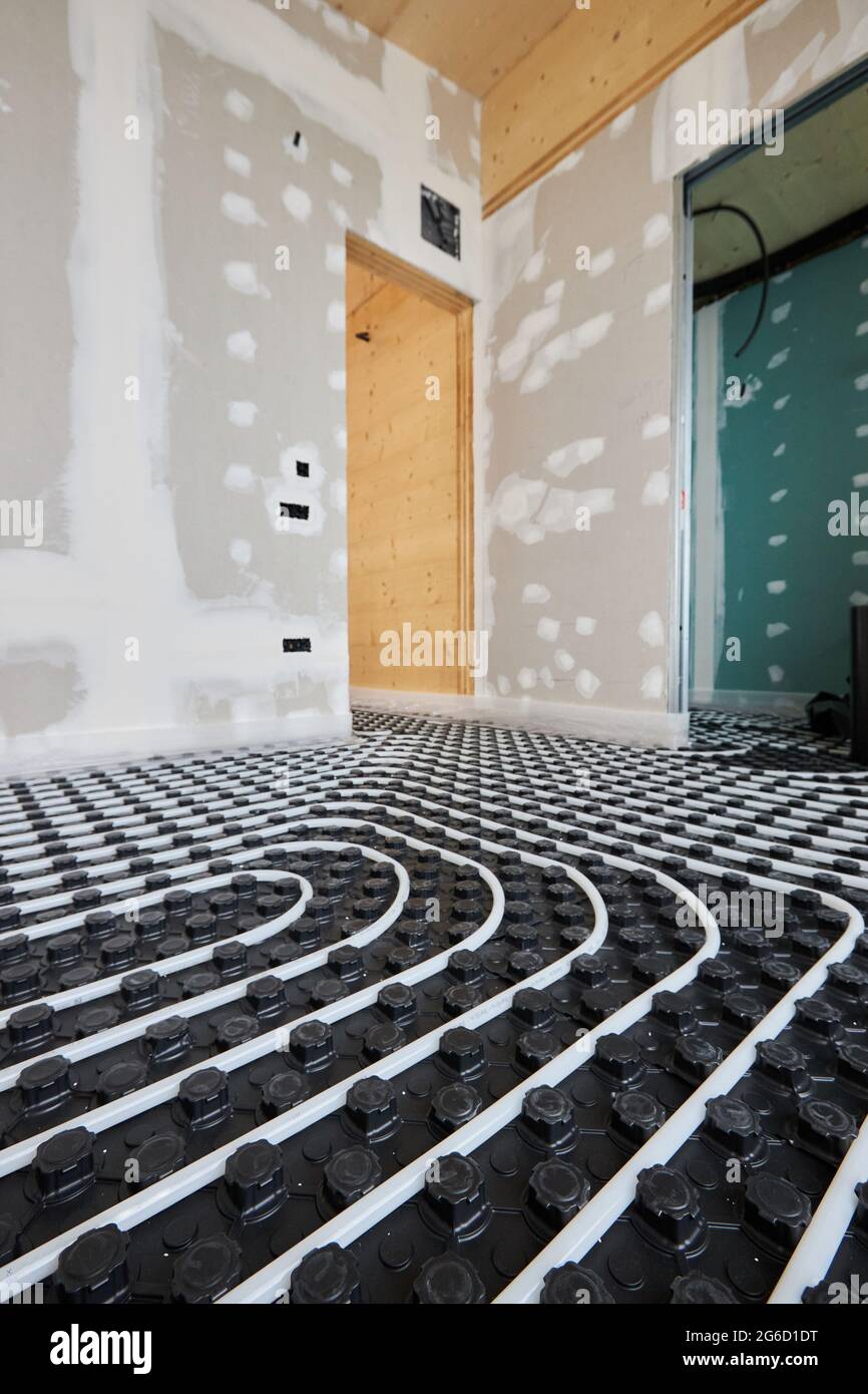 High angle of radiant heating systems with pipes installed on floor in ...