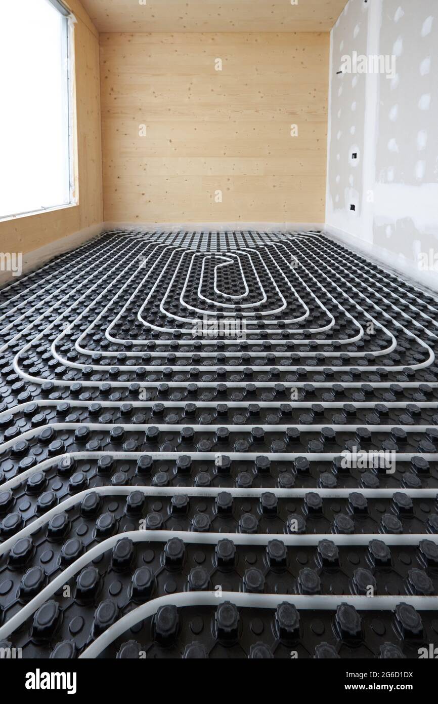 High angle of radiant heating systems with pipes installed on floor in ...