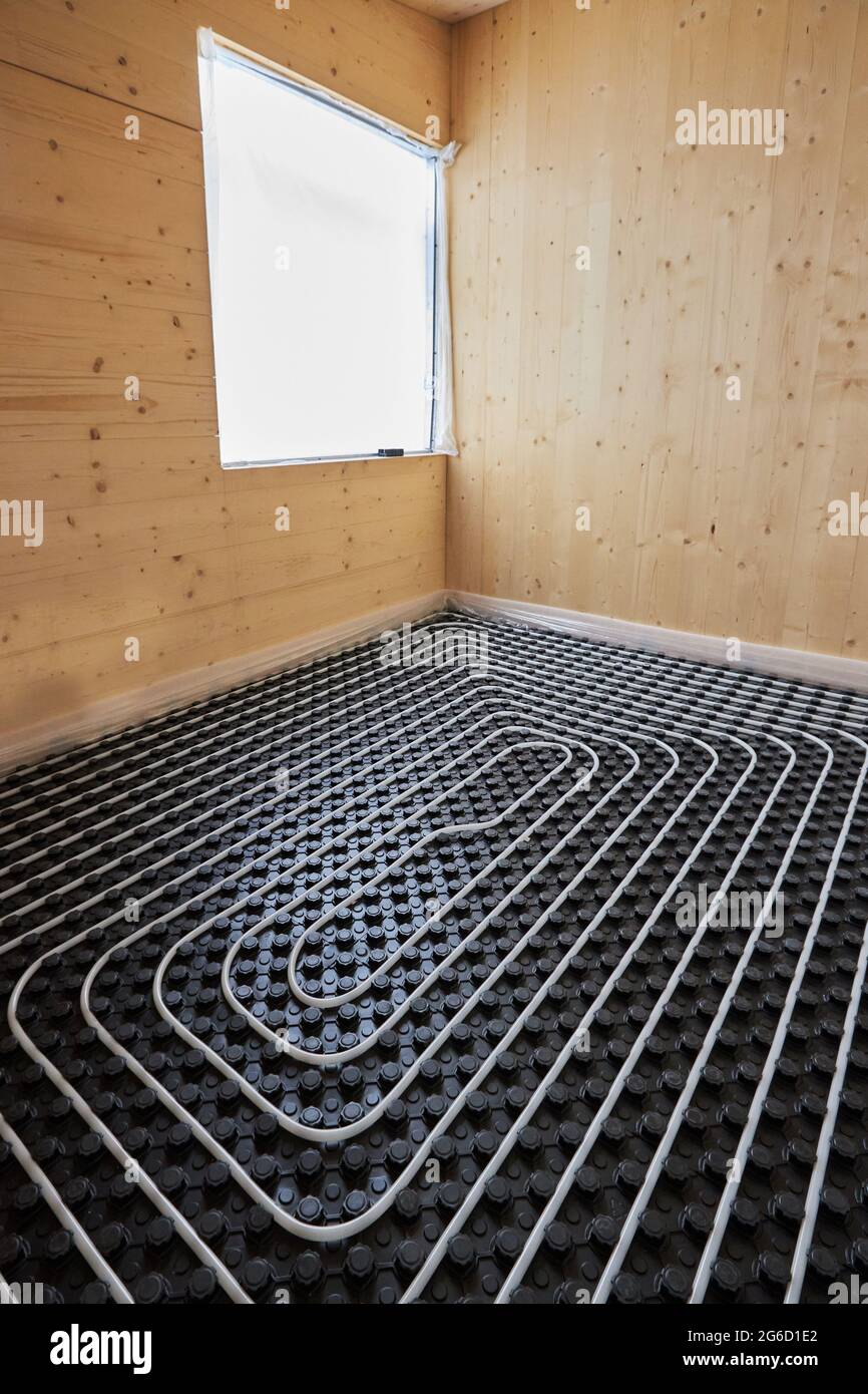 High angle of radiant heating systems with pipes installed on floor in ...