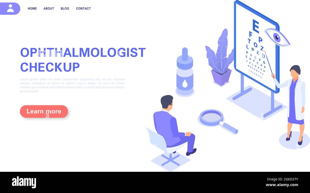 Vision test concept banner. The doctor checks the eyesight of the ...