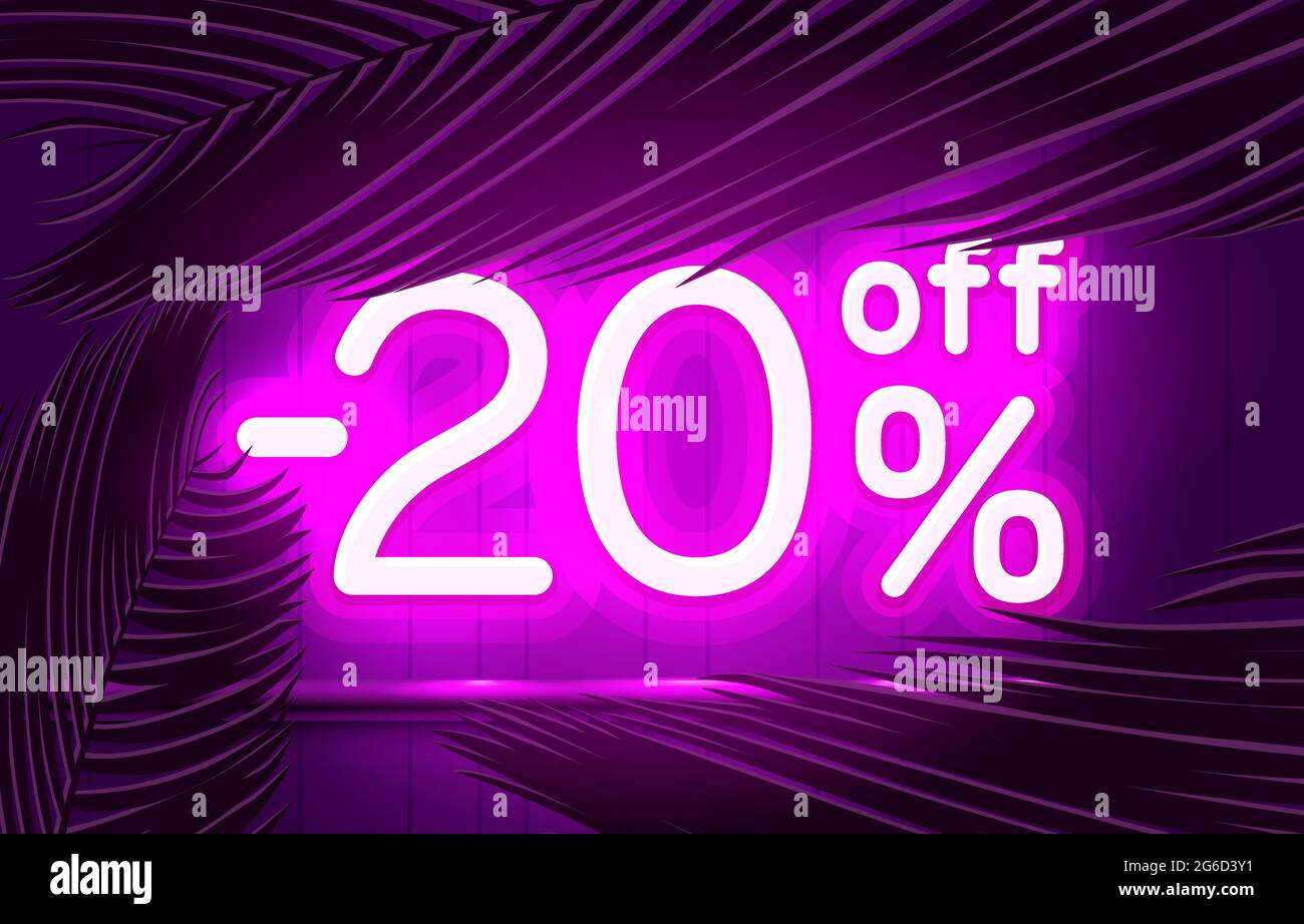 Neon frame 20 off text banner, summer bar promotion. Night Sign board ...