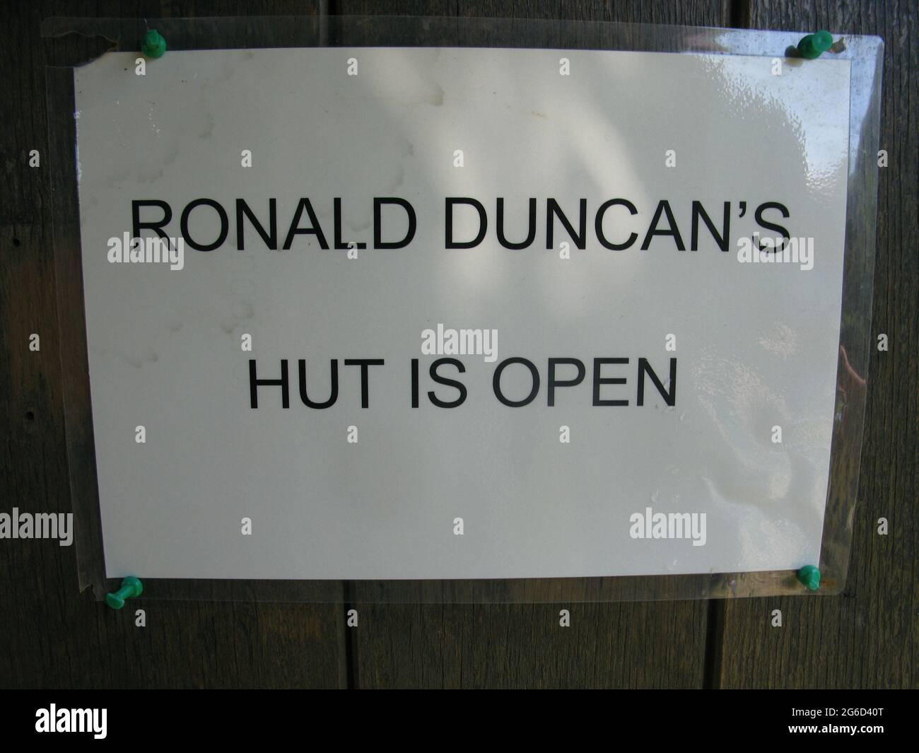 Ronald Duncan's Writing Hut is open sign. South west coast path. North ...