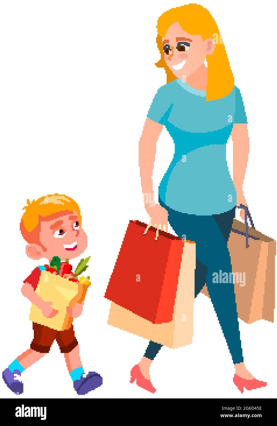 Boy Child Help Woman Carrying Shopping Bag Vector Stock Vector Image ...