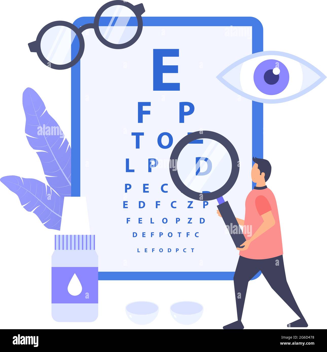 Vision test concept. Cartoon character with magnifying glass on Snellen ...