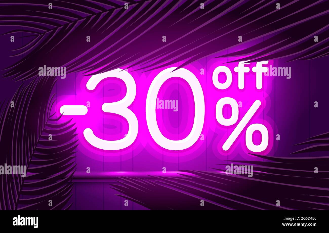 Neon frame 30 off text banner, summer bar promotion. Night Sign board ...