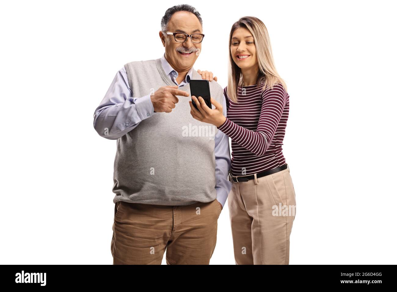 Happy father and daughter looking at a mobile phone isolated on white ...