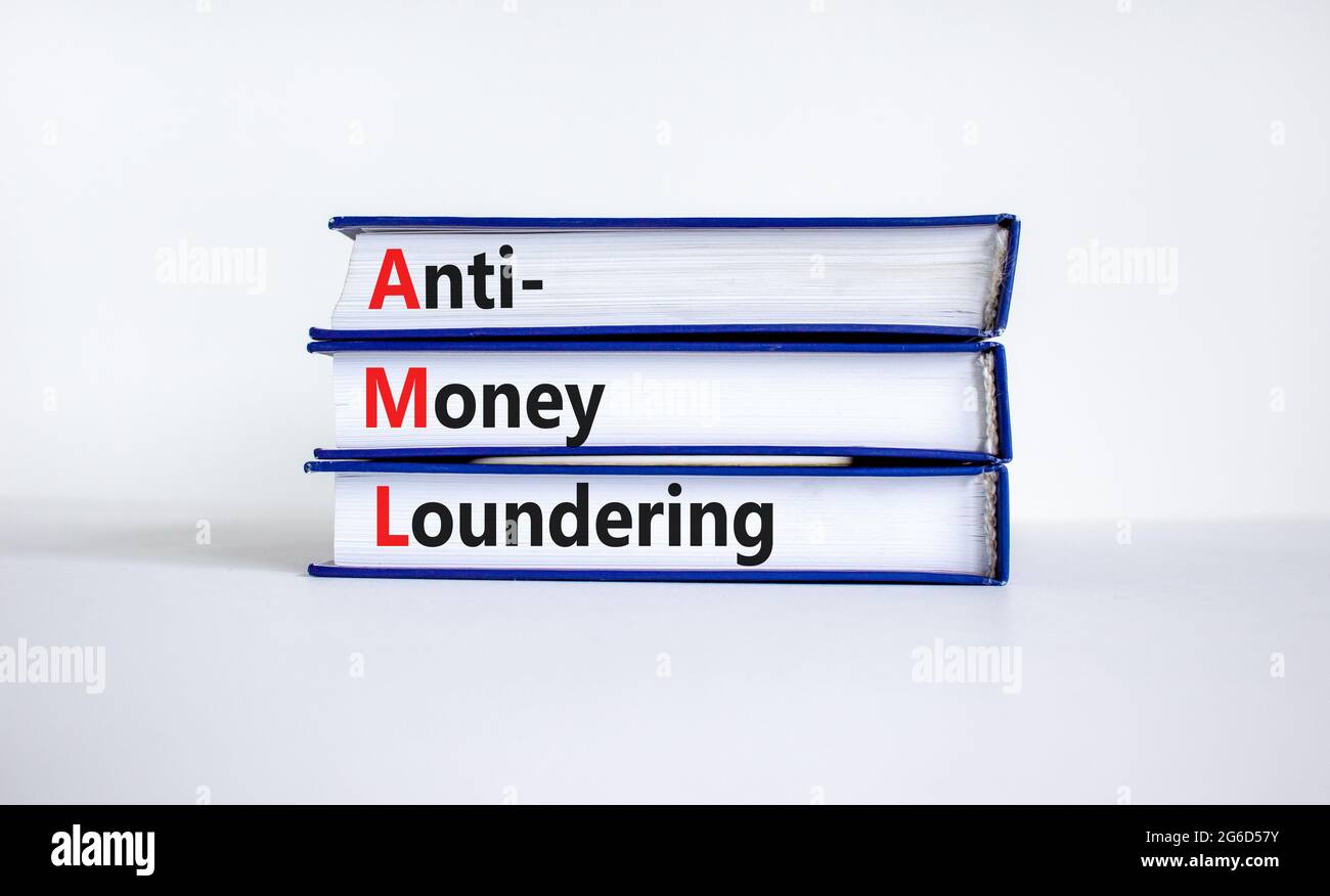 AML, anti-money laundering symbol. Books with words AML, anti-money ...