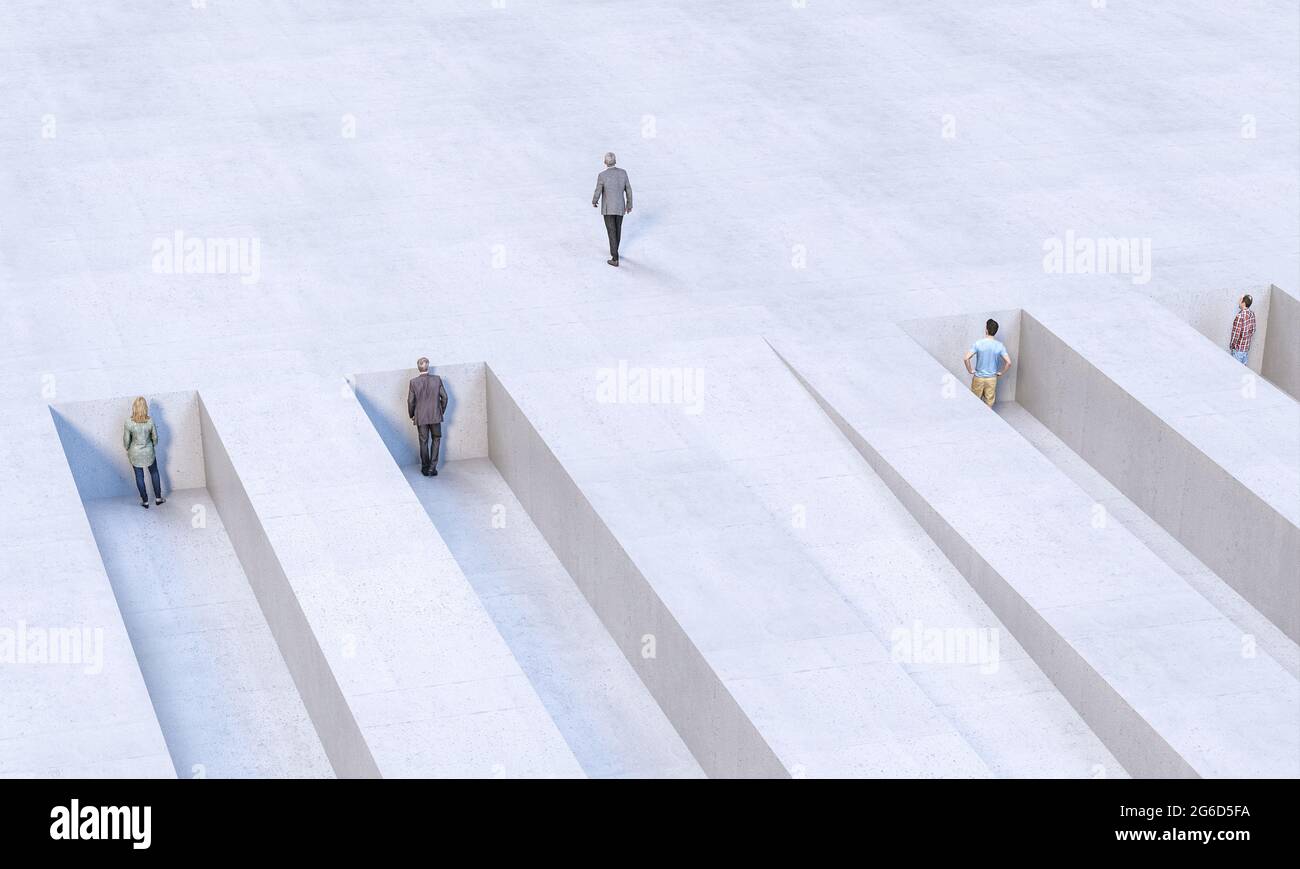 people stuck in streets below street level, obstacle concept. 3d image ...
