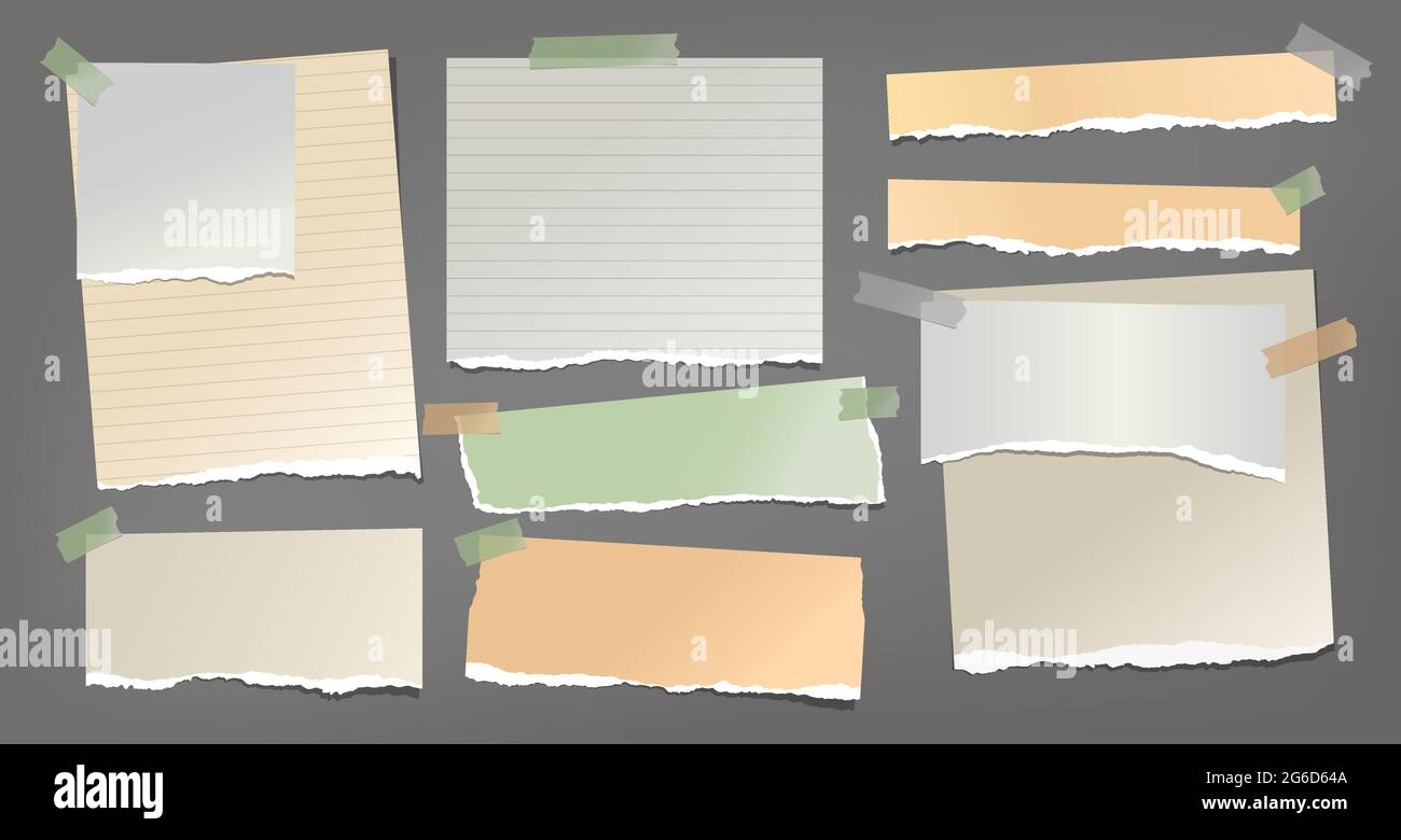 Set of torn white and colorful note, notebook paper stripes stuck with ...
