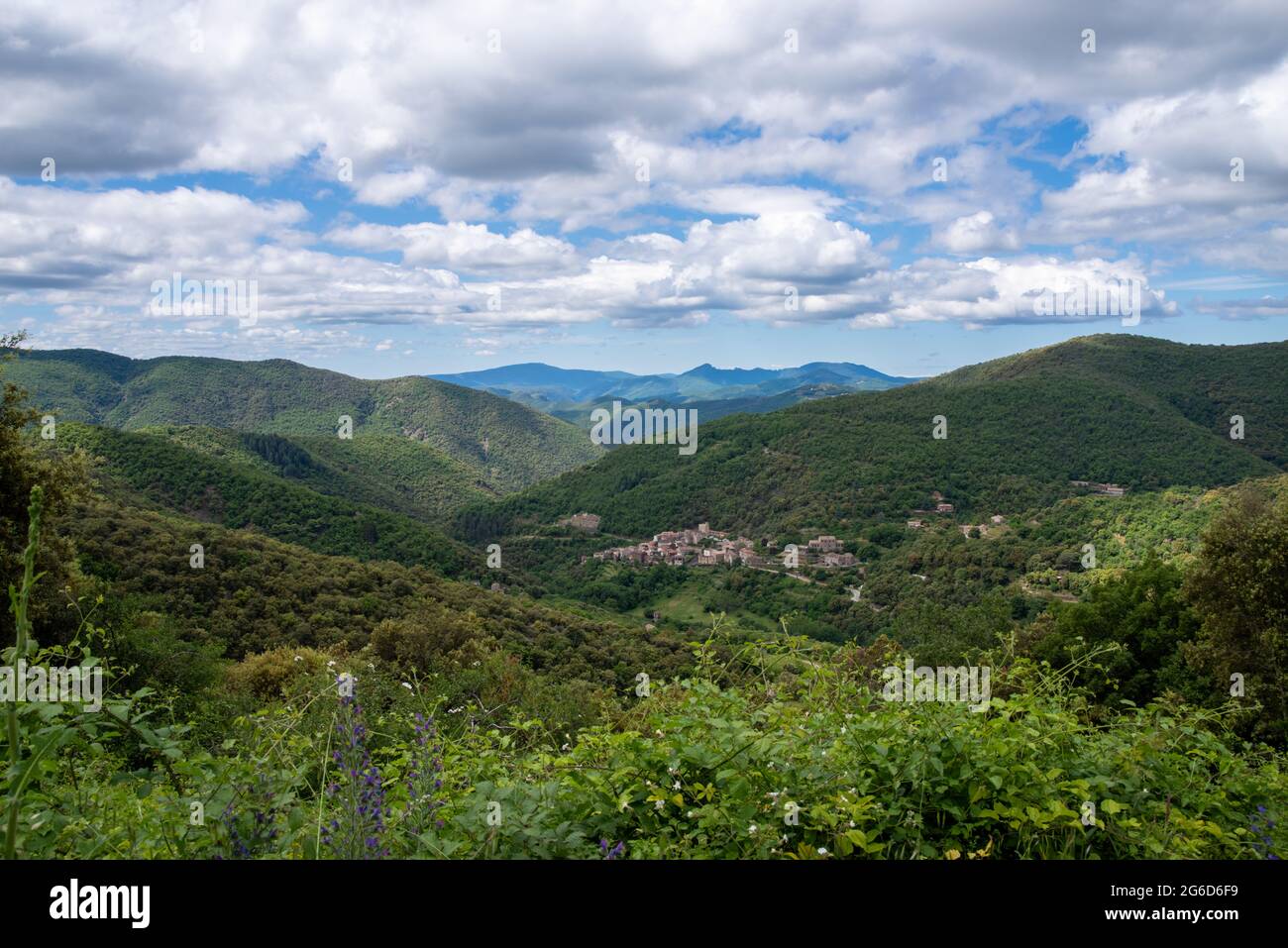 View into the landscape of the French Cevennes towards Saint Martial ...