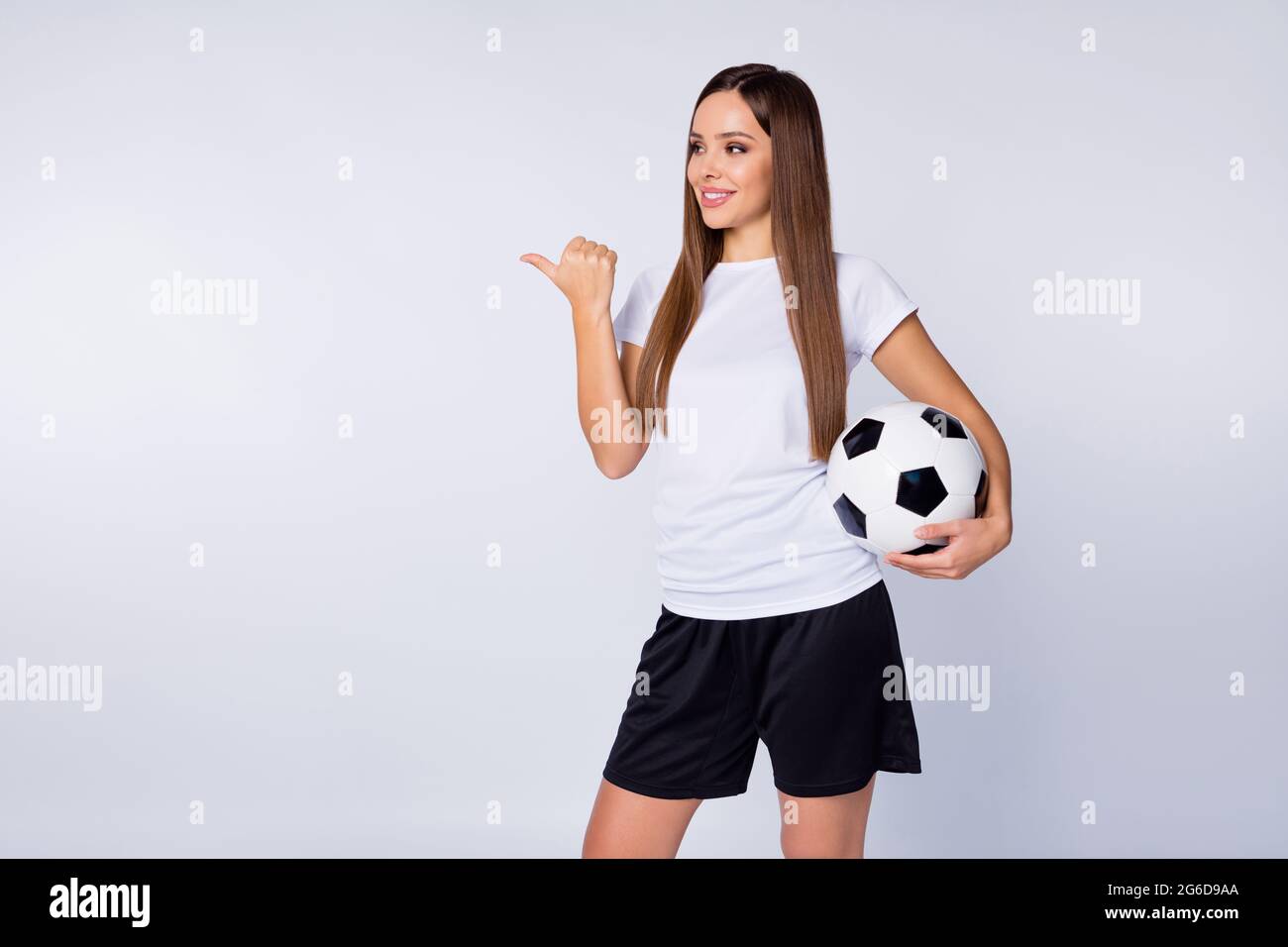 Photo of funny lady direct finger side empty space advising watch ...