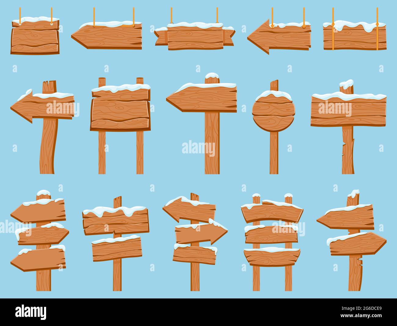 Wooden signboards with snow. Wood banners, hanging boards and direction ...