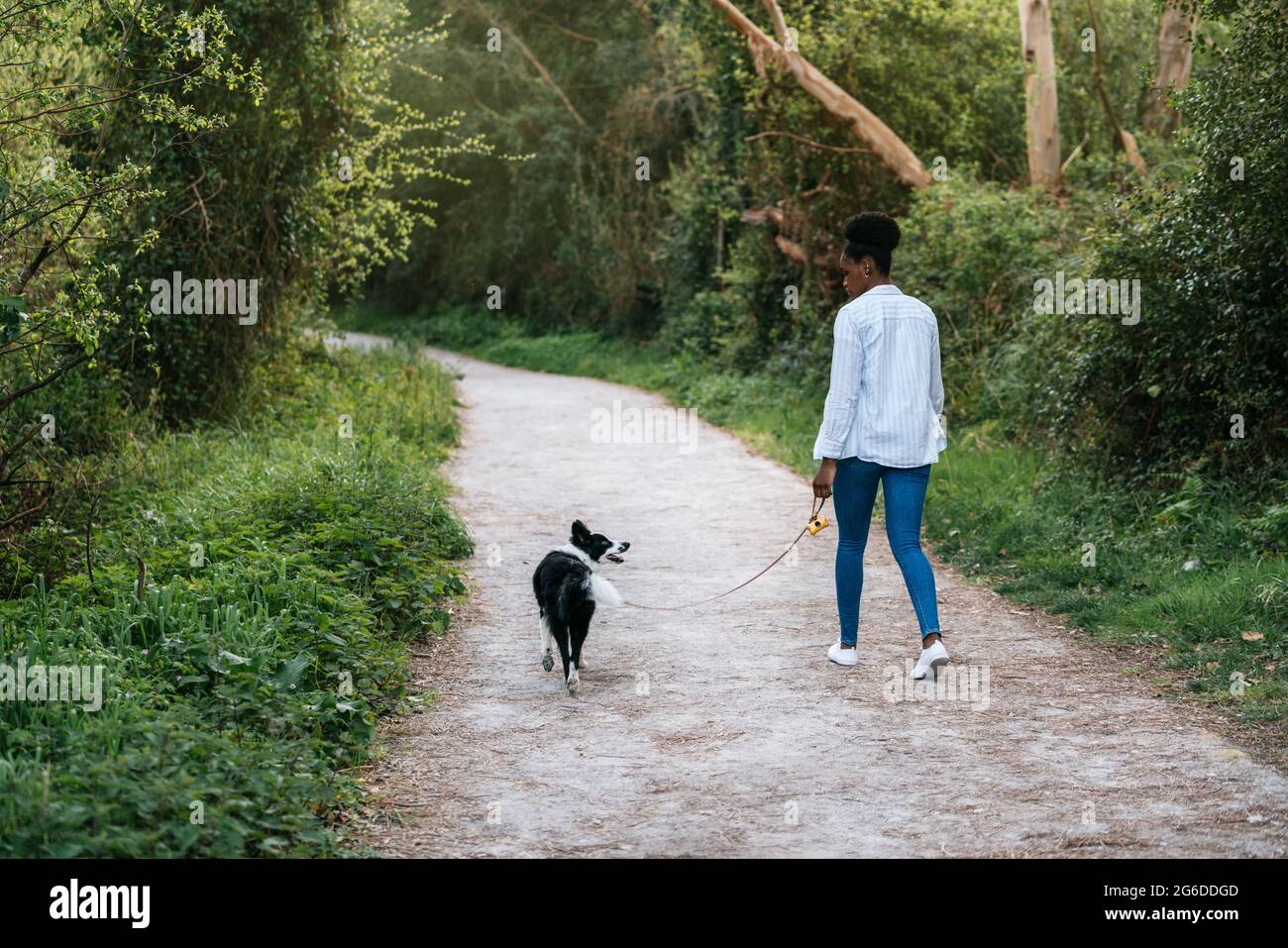 Full body back view of young African American female owner walking with ...