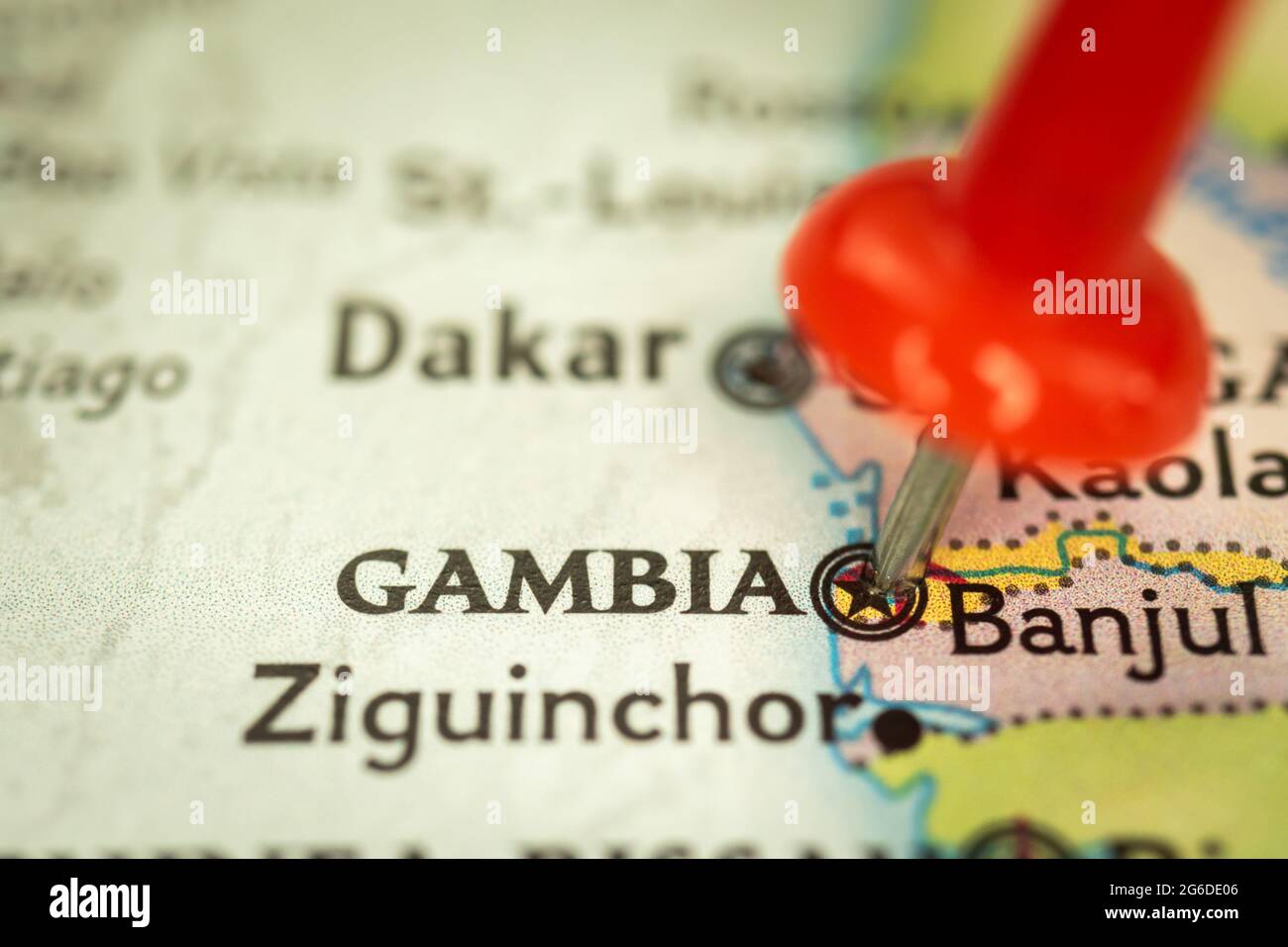 Location Gambia, map with push pin closeup, travel and journey concept ...