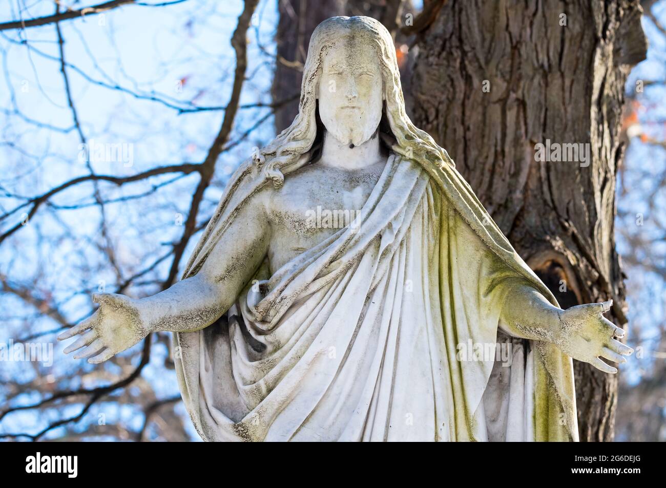 Jesus statue standing with open arms at Mt Auburn Cemetery Stock Photo ...