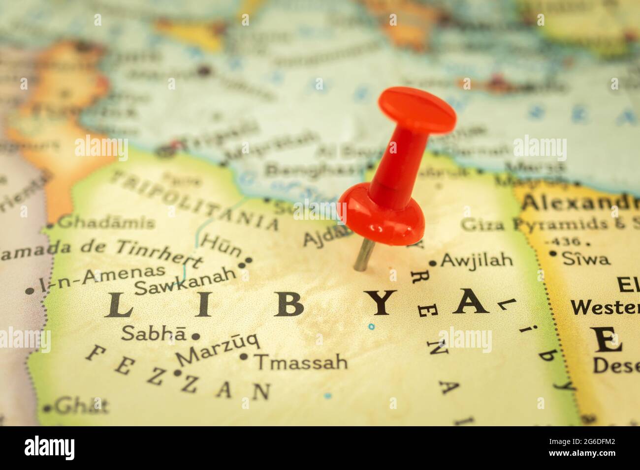 Location Libya, map with push pin closeup, travel and journey concept ...