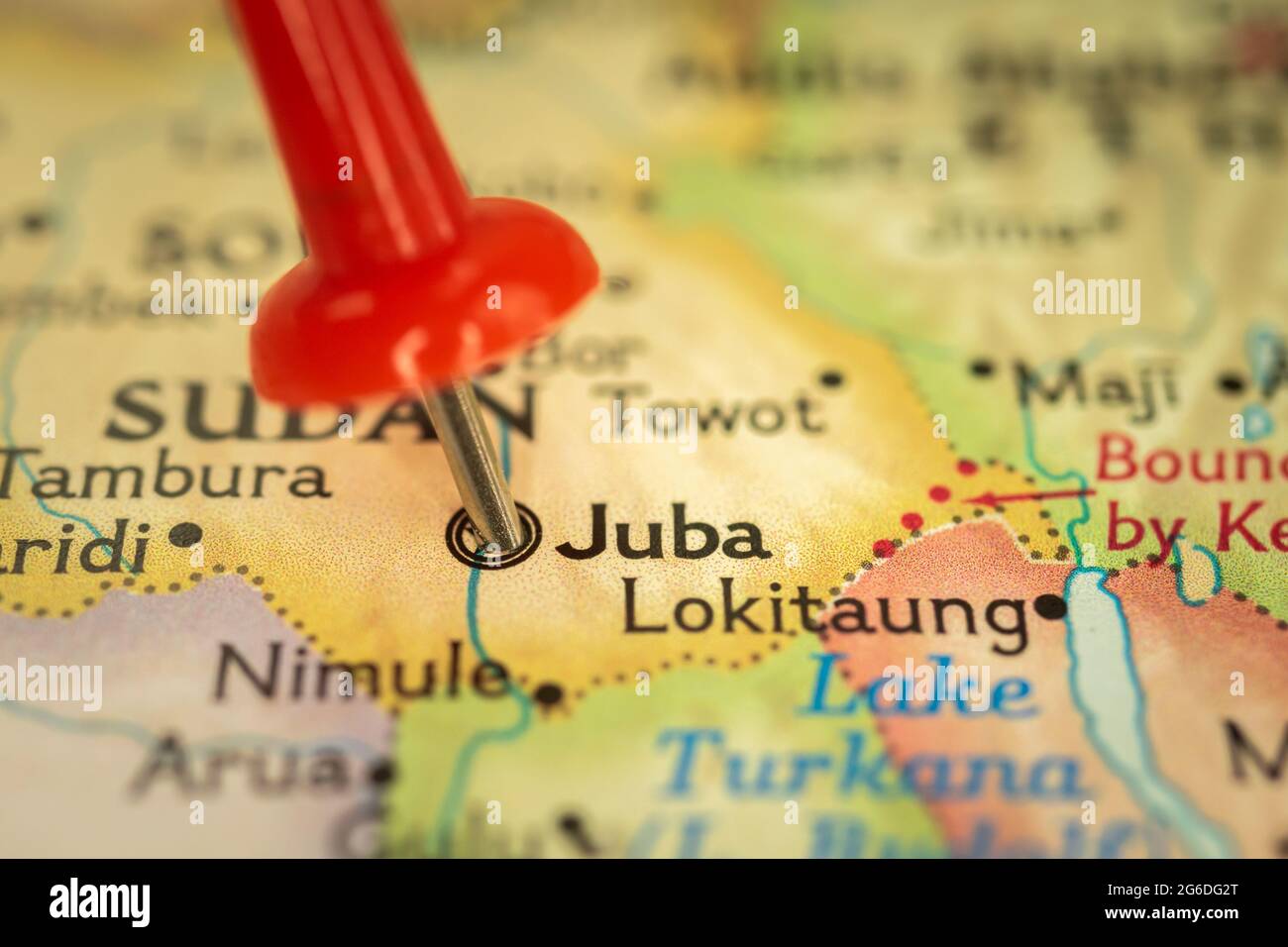 Location Juba in South Sudan, map with push pin closeup, travel and ...