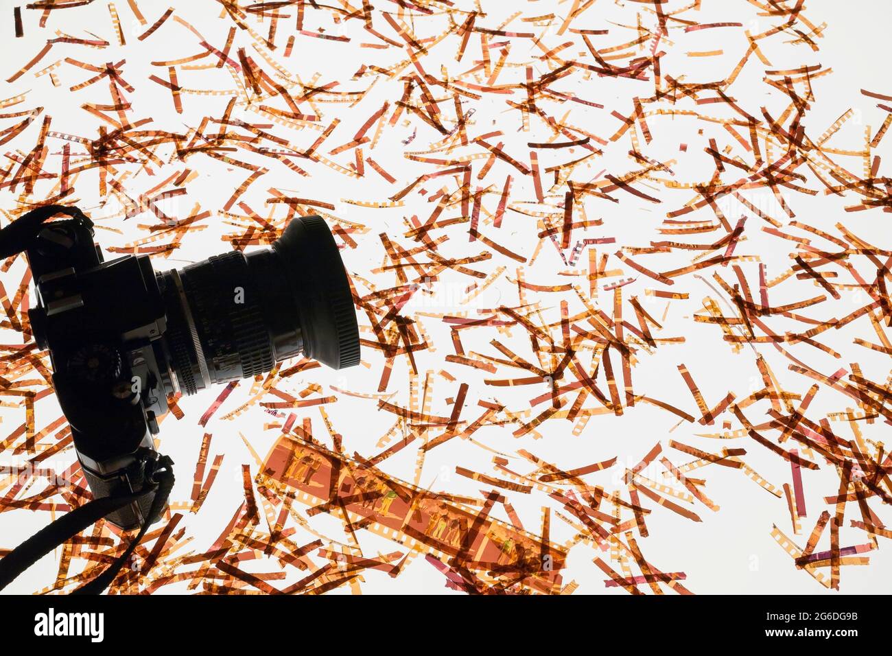 Silhouetted 35mm single-lens reflex camera and shredded developed 35mm ...