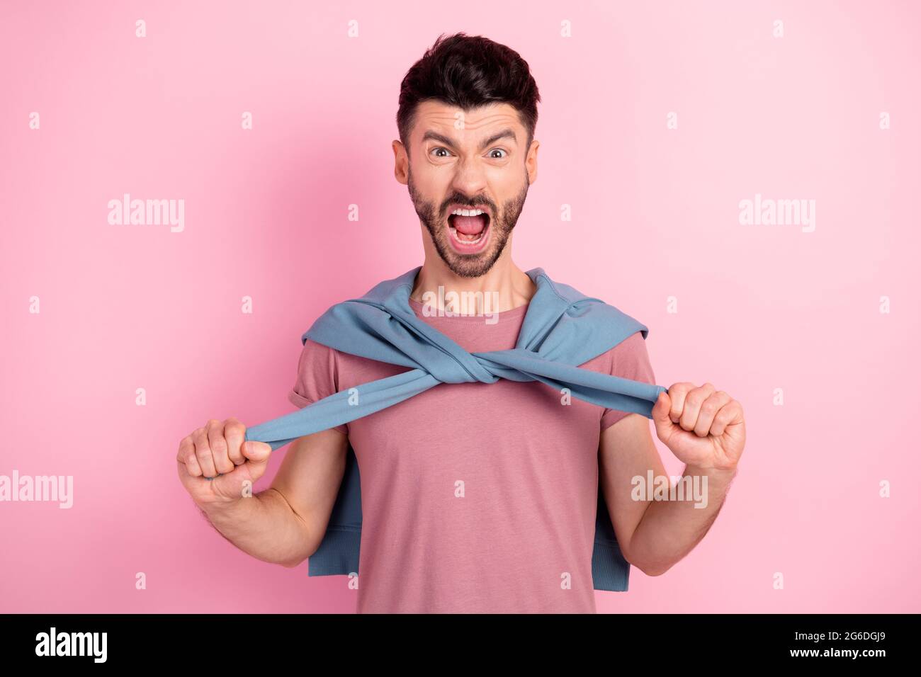 Photo of young crazy mad furious man screaming shouting with jumper on ...